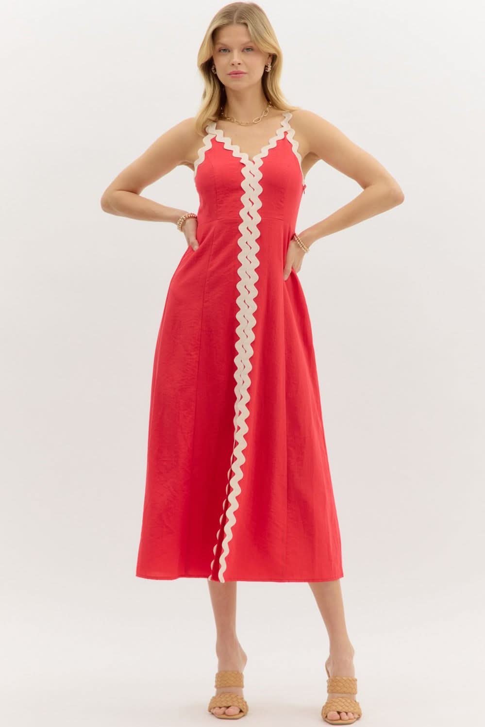 Chic Red Ric Rac Trim Midi Dress for Effortless Style